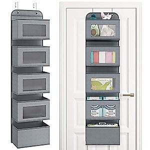 Fixwal Over the Door Hanging Closet Organizer Wall Mount Pantry Storage with 5 Large Pockets and Clear Window for Baby Nursery Bedroom Dorm Pantry Bathroom (Grey)