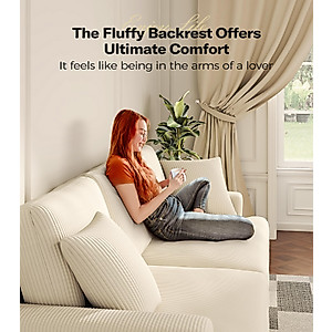 Kidirect 87in Beige White Sofa, Couches for Living Room 21in Extra Deep Seats, Comfy Corduroy Sofas for Living Room No Tool Assembly, Modern Oversized Love Seat with 2 Pillows, Sofa Couch for Bedroom