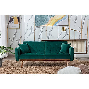 SZLIZCCC 63" Green Velvet Couch, Tufted Loveseat Sofa, Convertible Futon Sofa Bed, Accent Sofa Recliner, Golden Metal Legs, 2 Couch Pillows, Mid Century Modern Sofas for Home Living Room Bedroom