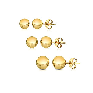 PORI JEWELERS 14K Solid Gold Ball Stud Earrings (3-Pair-Pack) 3MM 4MM and 5MM… Choose a Color (Yellow)