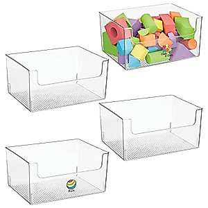 mDesign Plastic Open Front Wide Toy Storage Organizer Bin for Playroom, Nursery, Kids Closets; Holds Action Figures, Crayons, Building Blocks, Puzzles - Ligne Collection - 4 Pack + 24 Labels - Clear