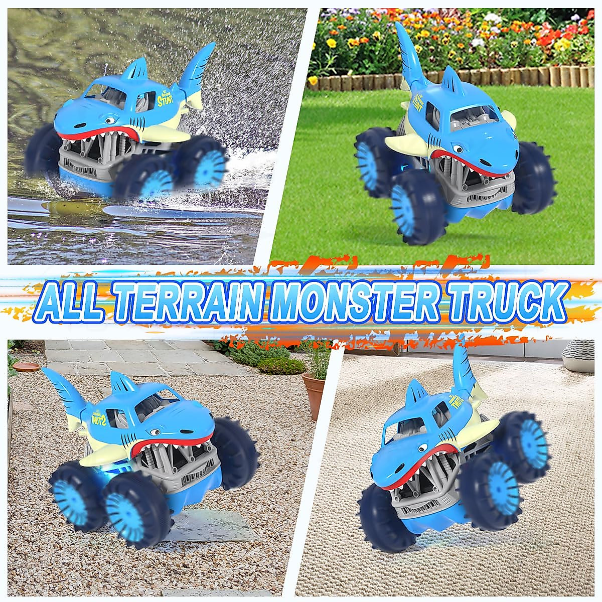 zingzoom Amphibious Remote Control Car, Fast Direct Charging RC Cars 360° Flip Waterproof Monster Trucks 2.4Ghz 15KM/H 4WD All Terrain RC Race Car Toy Xmas Gift for Boys and Girls Aged 3-12