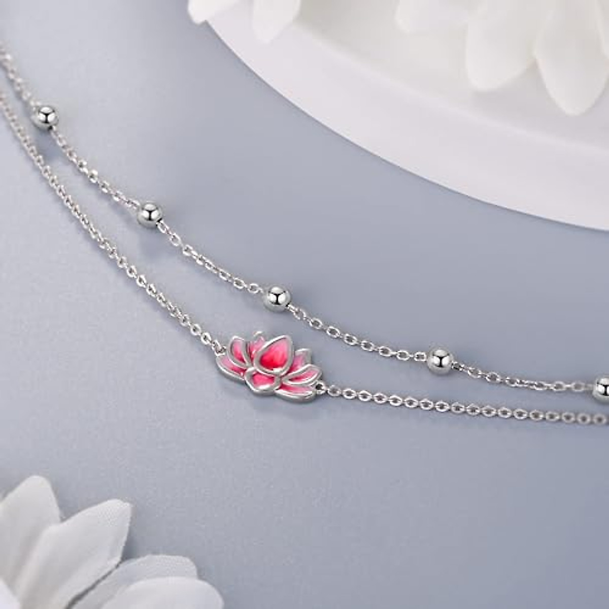 LINGBG JEWELRY Anklet Bracelets for Women 925 Sterling Silver Lotus Flower Yoga Anklet for Women Waterproof Layered Beads Anklet Adjustable Chain Anklet Leg Foot Bracelet for Lady Hotwife