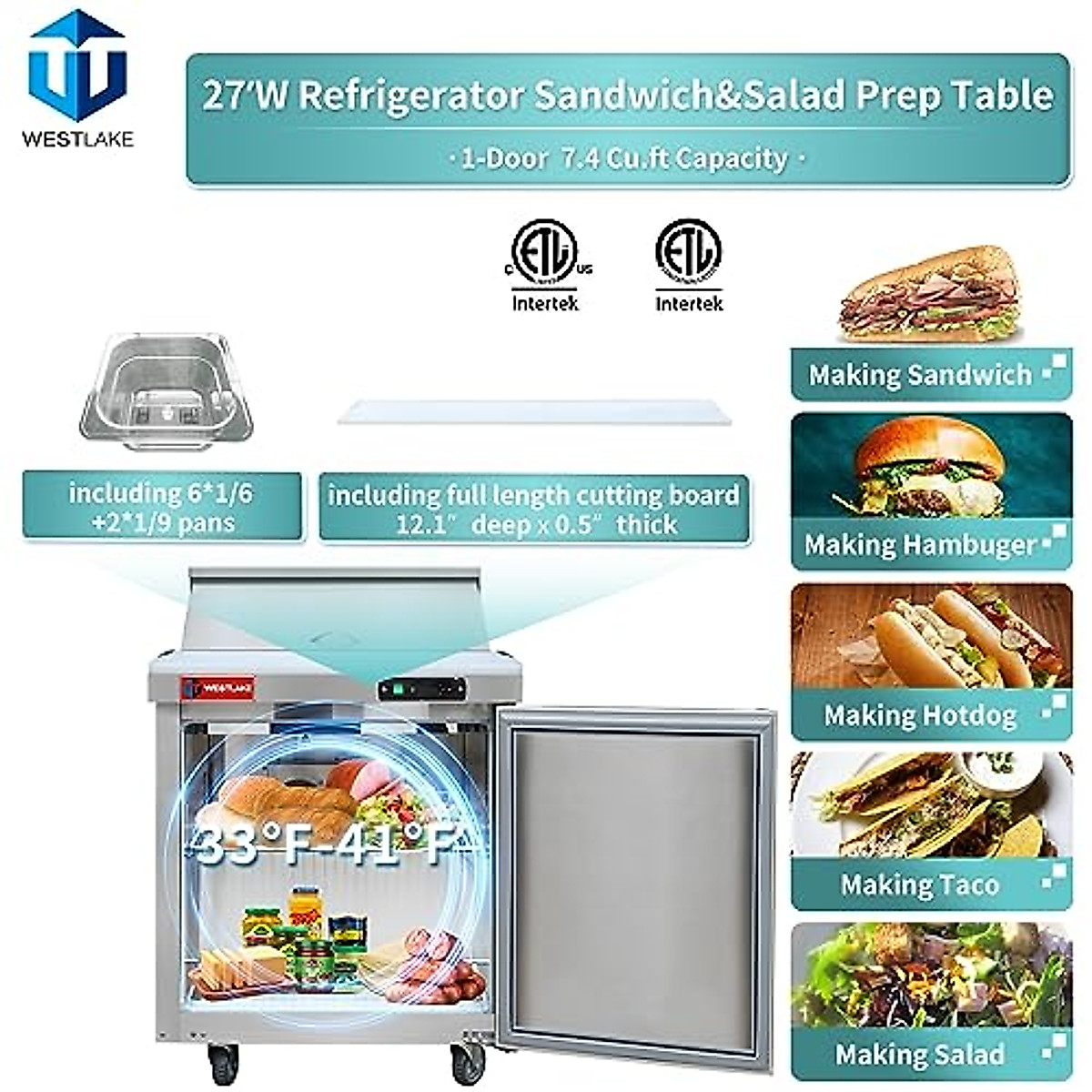 WESTLAKE 27" W Refrigerator Sandwich & Salad Prep Table Commercial Stainless Steel Counter Fan Cooling Refrigerator with 8 Pans-27 Inches for Restaurant, Bar, Shop, etc