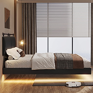 Hasuit Floating Bed Frame King Size with LED Light, Modern King Platform Bed with Vegan Leather Upholstered Headboard, No Box Spring Needed, Noise Free, Easy Assembly