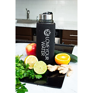 Love Yourself Wellness 40oz.Glass Water Bottle with Sleeve Motivation and Teaching times when to Drink Wide Mouth Stainless Steel Filter Attached lid Hydrating Sport Water Bottle Protective Sleeve