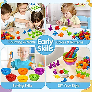 Counting Dinosaurs Toys Matching Game with Sorting Bowls Preschool Learning Activities Montessori Sensory Teaching Toys for Math Counters Color Sorting for Toddlers Kids Age 3+ Old Boys Girls
