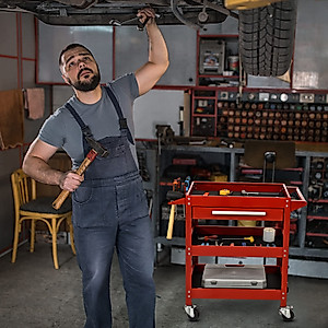 ERGOMASTER Metal Service Utility Cart with Wheels - 500LBS Tool Cart Heavy Duty Rolling 3-Tier Storage Organizer, for Garage Industrial Cart (Red)