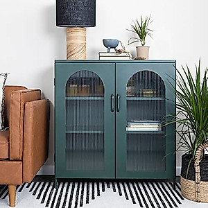Creative Co-Op Solstice Metal Cabinet with 2 Arched Glass Doors, Dark Green