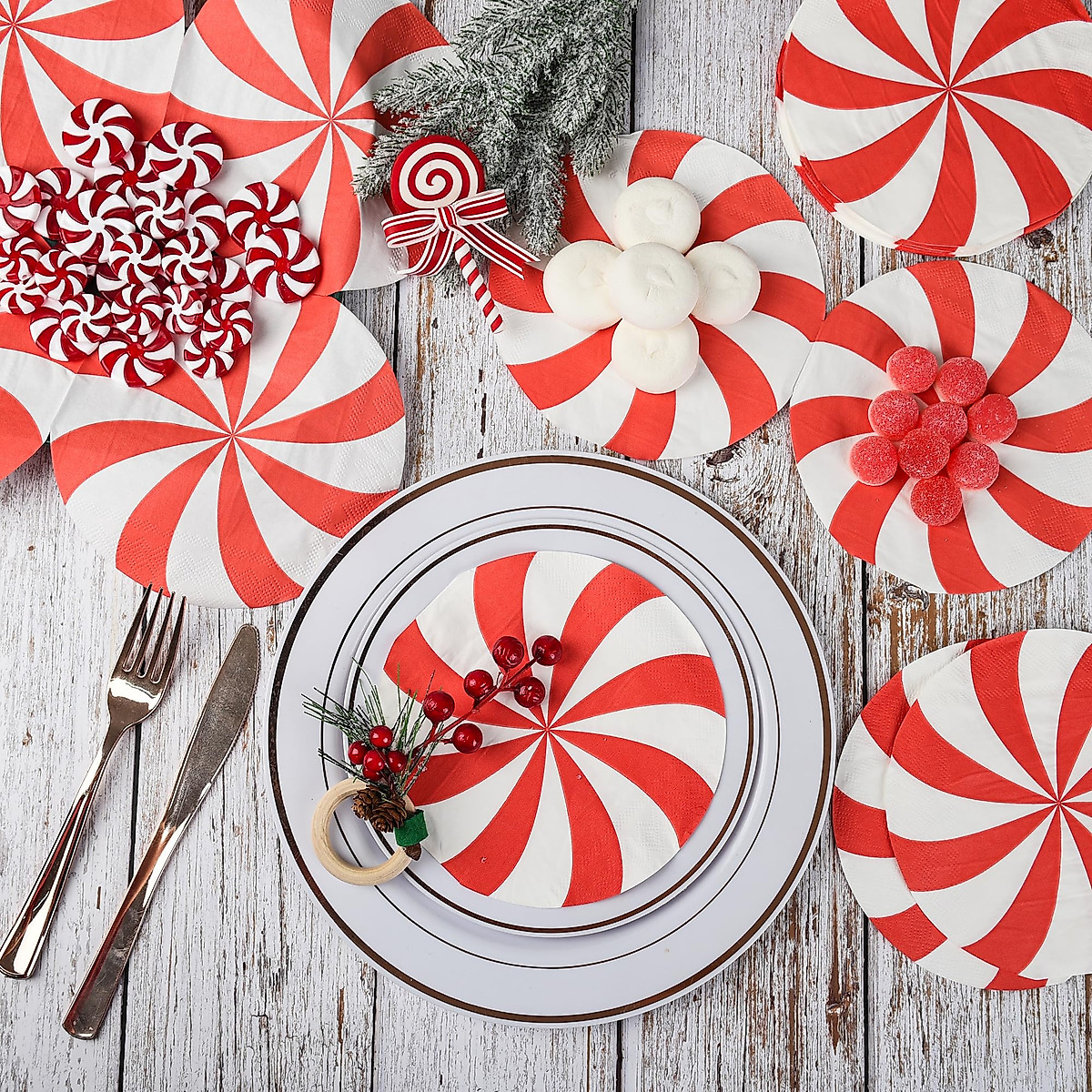 100Pcs Christmas Paper Napkins Peppermint Candy Disposable Napkins Round Lollipop Xmas Candy Party Tableware Decor Red White Cocktail Napkins for Winter Holiday Dinner Party Supplies