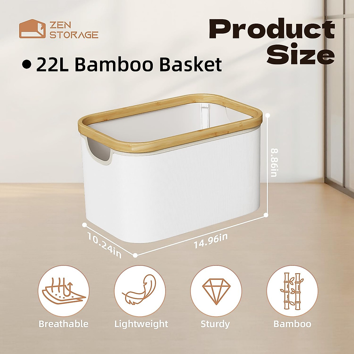 2Pack Storage Baskets for Organizing, Rectangle Storage Bin with Bamboo Handles, Small Collapsible Storage Bins Fabric, Storage Bins For Shelves, White, 22L