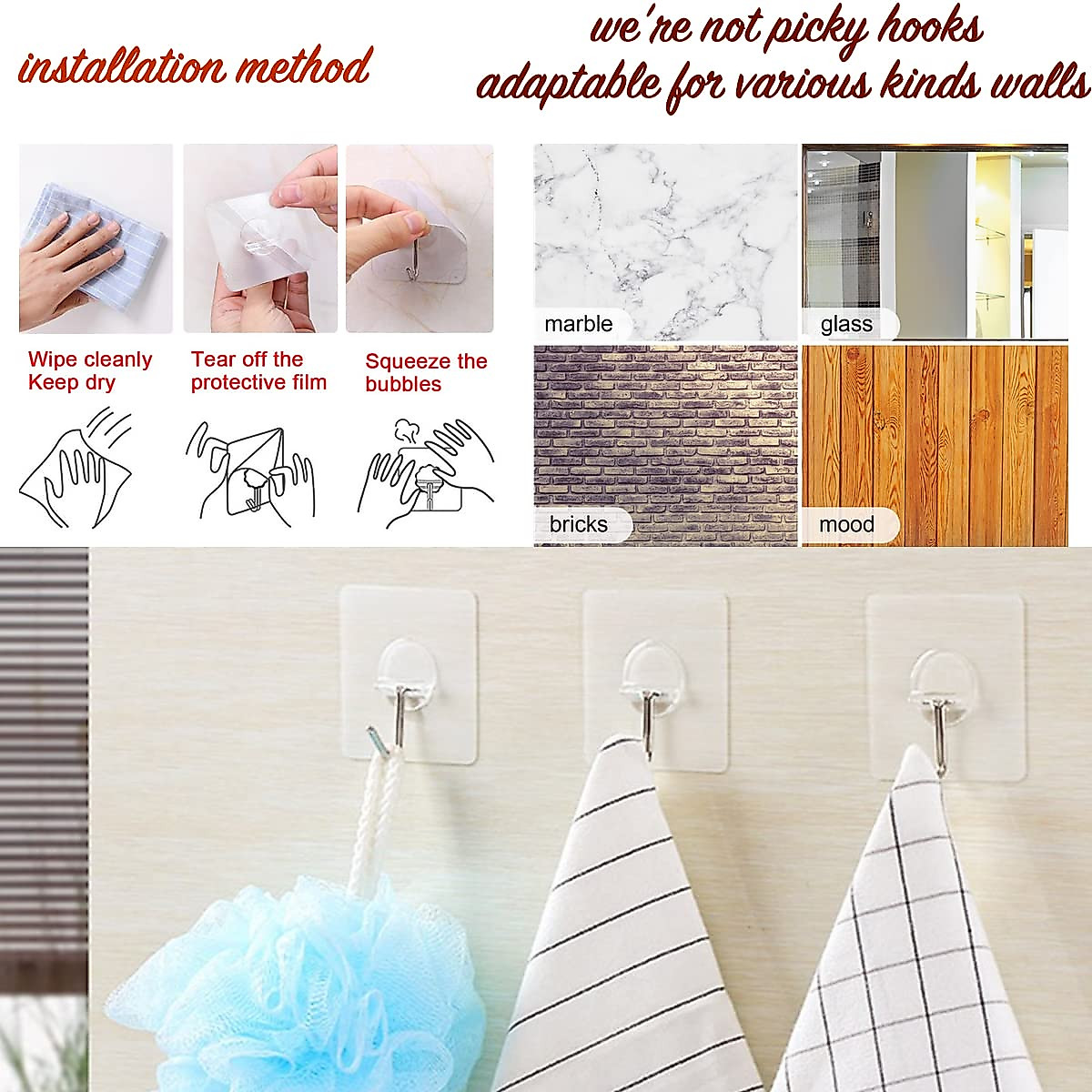 SZYIKUER Heavy Duty Adhesive Hooks 33 lb(Max) 15KG,Waterproof and Oilproof Reusable Seamless Hooks Heavy Duty Wall Hook for Kitchen Bathroom Office (Transparent Small 8 pcs)