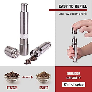 jessie Salt and Pepper Grinder, Thumb Press Grinder, Stainless Steel Salt Pepper Mill for Home Kitchen (Silver spring built-in single)