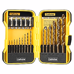 CaRoller Drill Bit Set - M35 Cobalt Drill Bit - 15 Pcs High Speed Steel Twist Jobber Length Drill Set 1/16"-3/8" for Hardened Metal, Stainless Steel, Cast Iron, Wood and Plastic with Round Shank