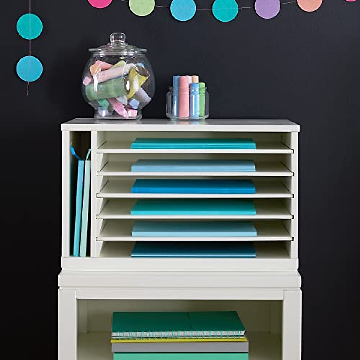 MARTHA STEWART Crafting Kids' Paper Organizer - Creamy White, Tabletop Construction Paper Storage with Compartments, Wooden 6 Tray Sorter