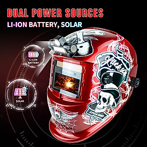 TRQWH Auto Darkening Welding Hood Welding Helmet Solar Powered True Color Welding Mask 2 Arc Sensor Wide Shade 9-13 Flaming Skull Welder Helmet with Grinding Cut for MIG TIG ARC