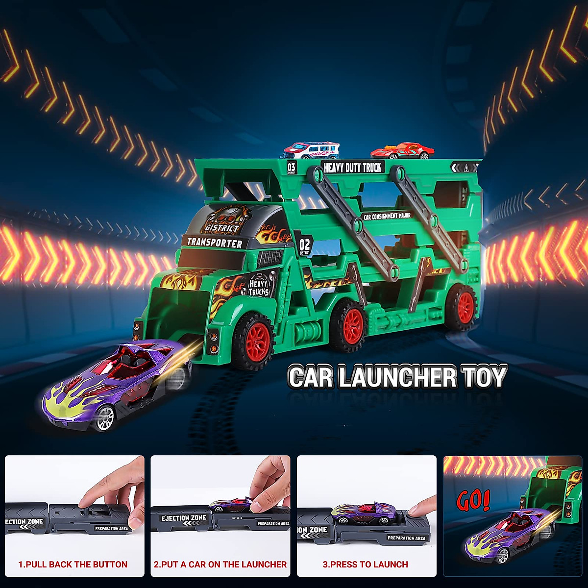 Toddler Boys Toys for 3-4 Year Old,Large Transport Cars Carrier Set Truck Launcher Toys with 8 Die-cast Vehicles Truck Toys Cars,Ideal Gift Toys for Kids Age 3-7