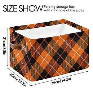 NFMILI Orange Black Plaid Storage Basket, Fabric Storage Cubes Bins, Open Home Storage Bins with Handle 14.2 x 10.2 x 8.3 in