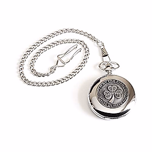 Biddy Murphy Shamrock Pocket Watch Made in Ireland Shamrock Pewter Medallion Stainless Steel Case with Chain Exclusive Made by Mullingar Pewter on Co. Westmeath, Ireland