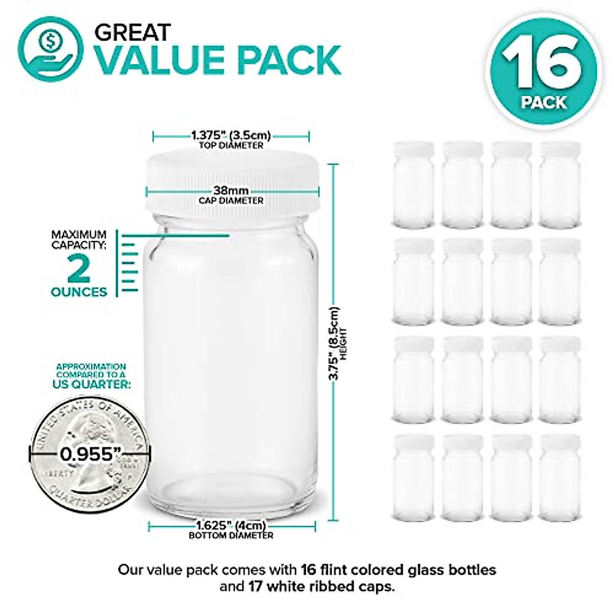Stock Your Home Glass Shot Bottles with Caps (16 Pack) 2 Oz Juice, Wellness, or Ginger Shots Bottle - Leak Proof, Dishwasher Safe, Mini Jars with Plastic Lids - Reusable Small Juicing Containers