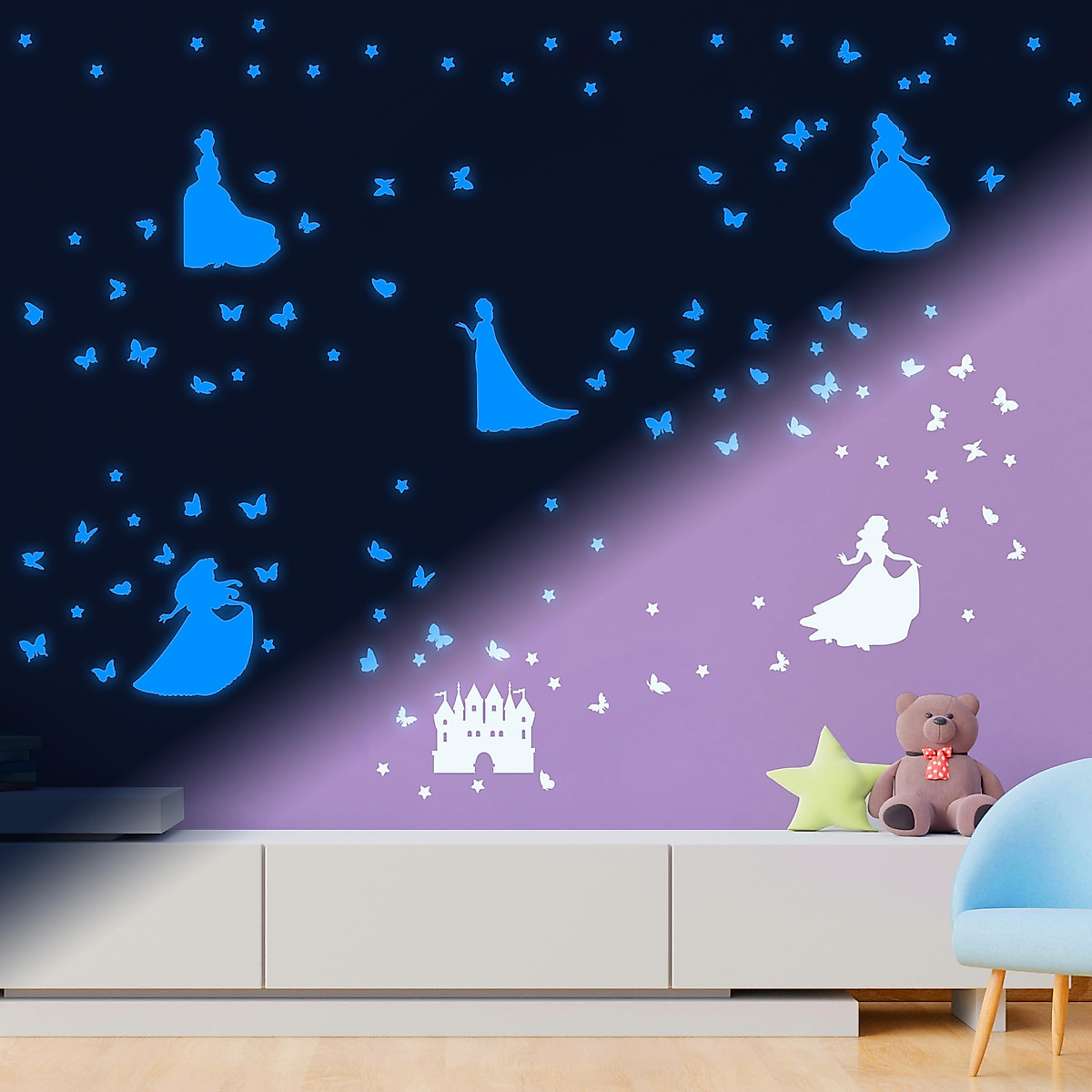 Glow in The Dark Princess Castle Wall Sticker, Self-Adhesive Star Butterfly Wall Decal for Girl's Room, Fluorescent Sticker for Ceiling Nursery (Blue)
