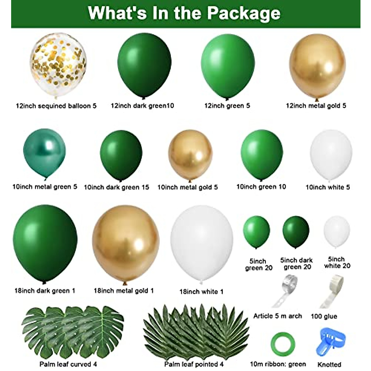 Jungle Safari Tropical Party Balloons Garland Arch Kit, Green Metallic Gold Confetti Balloons Palm Leaves for Boys Girls Animal Wild One Birthday Baby Shower Wedding Dinosaur Party Decorations