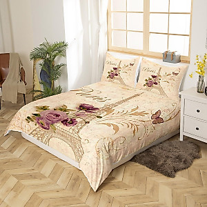 Eiffel Tower Bedding Set,Purple Rose Duvet Cover for Kids Teens Boys Girls,Romantic Paris Comforter Cover Decorative Room,Retro Style Quilt Cover with 2 Pillowcases,King Size