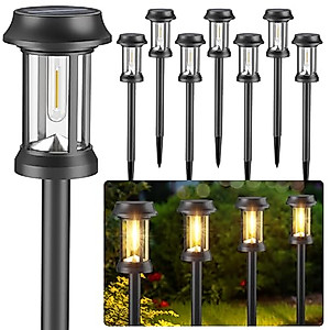 Solar Pathway Lights - 8 Pack, Glass & Metal Solar Powered Outdoor Lights, 10 Hours of Lighting for Garden, Yard, Driveway, Path, Landscape Decor (Black)