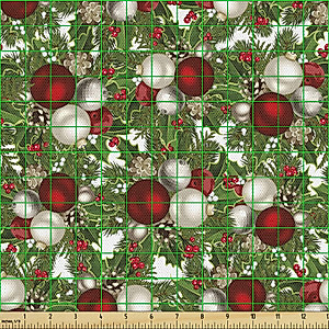 Ambesonne Christmas Fabric by The Yard, Pine Fir Cones Balls and Coniferous Tree Leaves Holly Berry Old Fashioned, Decorative Fabric for Upholstery and Home Accents, 1 Yard, Grey Green
