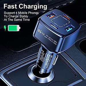 USB C Car Charger, 38W PD &QC3.0 Fast Charging 4 USB Car Charger Adapter, 30W USB-A +Type-C Multi Port Cigarette Lighter USB Charger Compatible with iPhone/Android/Samsung Galaxy S10 S9 Plus (Black)