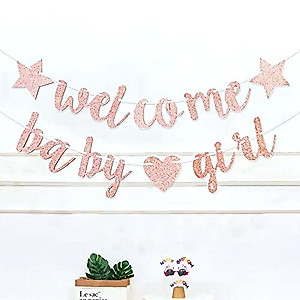 KUNGOON Welcome Baby Girl Party Banner,Rose Gold Glitter Paper Sign for Baby Shower,Baby Girl Party Decoration Gifts.