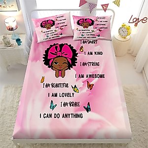 Black Girl Magic Bedding Sets Queen Size African American Girl Fitted Sheet Set Cute Little Afro Black Princess Bed Sheet Set for Girl Bedroom Room Decor (1 Fitted Sheet + 2 Pillowcases) Pink
