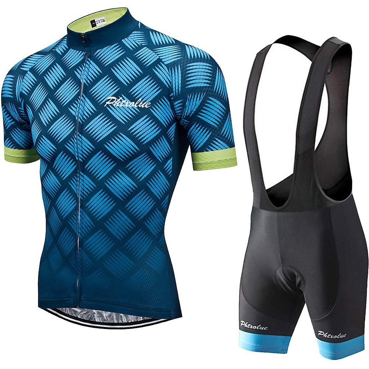 PHTXOLUE Cycling Kit Men Cycling Jersey Set Cycling Bib Shorts Bicycle Jersey Shirts Outfit Uniform Clothes (Black Blue-1, Medium)