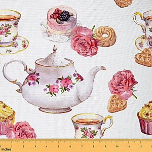 Feelyou Floral Fabric by The Yard, Vintage Watercolor Teapots Teacup Cakes Theme Upholstery Fabric for Chairs and Home DIY Projects, Romantic Flowers Decorative Waterproof Fabric, 1 Yard