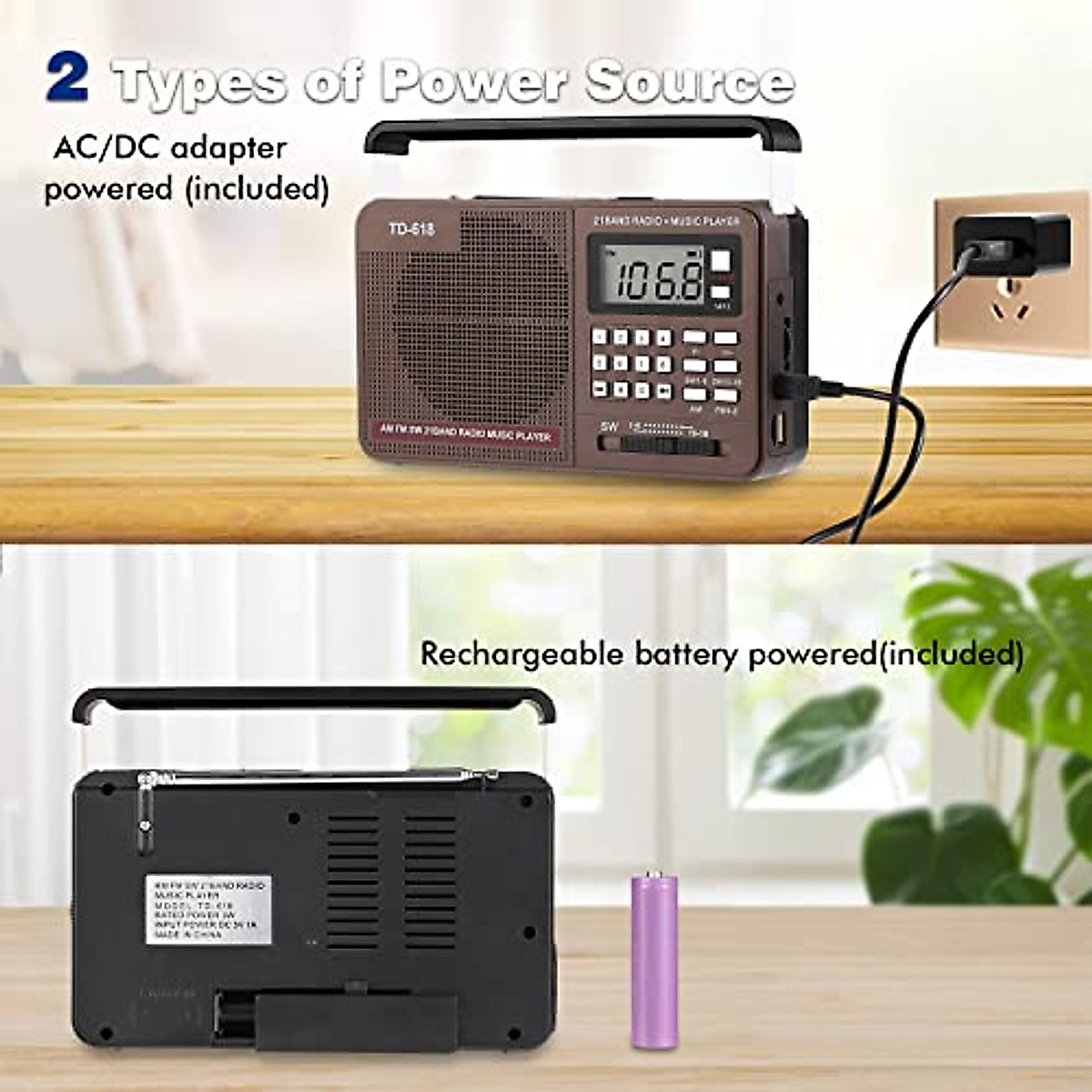 Portable AM FM SW Radio with Best Reception, LCD Display, Support USB Flash Drive and TF Card, AC Charge and Rechargeable Battery Power Transistor Shortwave Radio with Big Speaker and Earphone Jack
