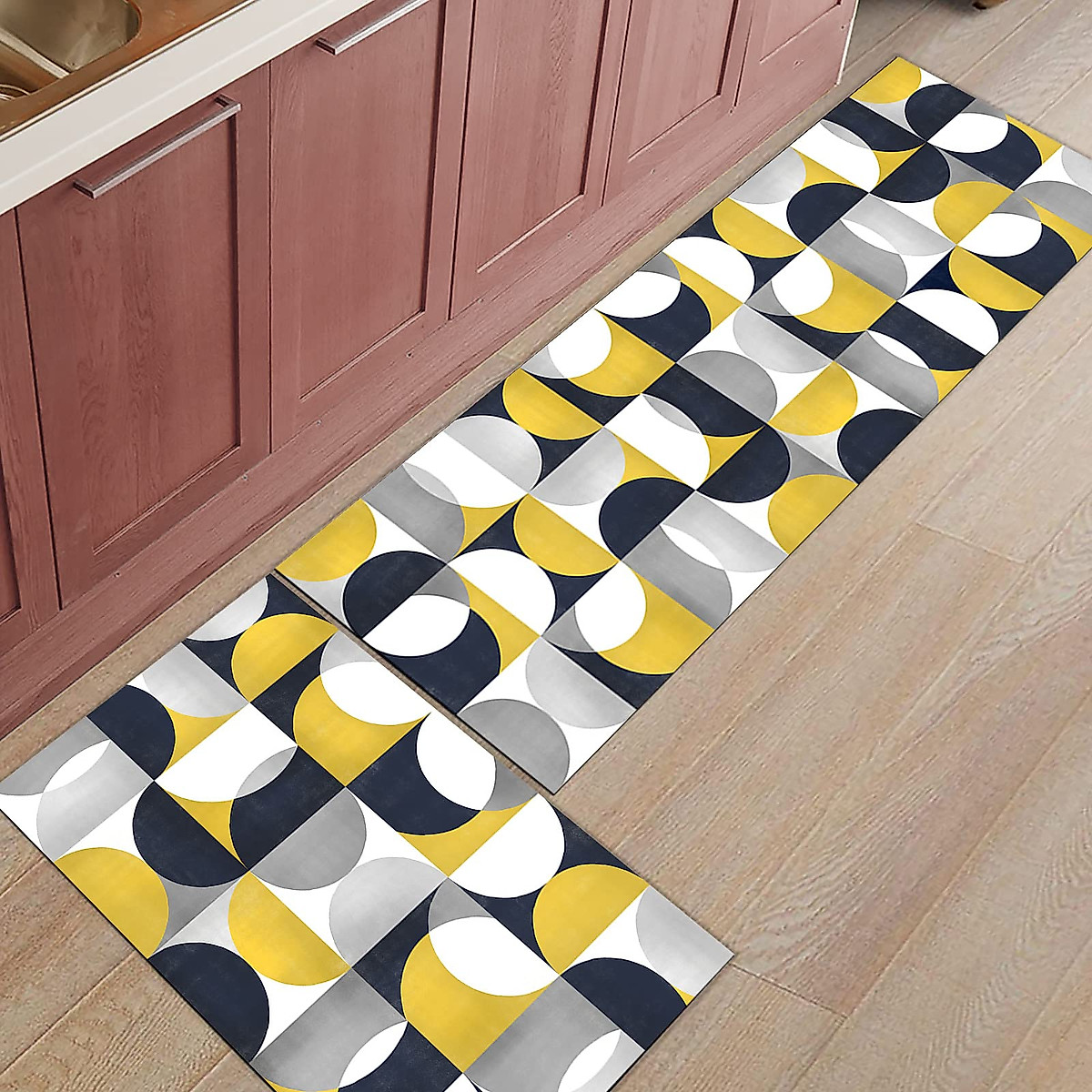 Middle Ages Kitchen Rug Set 2 Piece, Non Slip Kitchen Rugs and Mats Cushioned Anti Fatigue Kitchen Floor Mat Comfort Standing Kitchen Mat Set Yellow Grey Geometric Circle Vintage Art Pattern