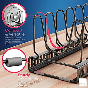 Better Things Home Pot Lid Organizer for Cabinet with 6 Adjustable Dividers - Anti-Scratch Padding - Bakeware, Cookware – Perfect for Kitchen Organization (Dark Grey)