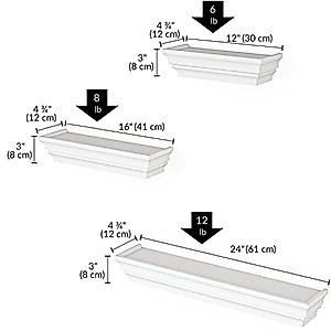 Ballucci Victorian Wall Ledge and Shelf, 12", 16", 24", Set of 3, White