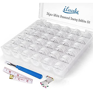 ilauke 36pcs White Sewing Thread 60WT Size A Prewound Bobbin Thread with Bobbin Case, Polyester Thread for Brother Singer BabyLock Janome Machines DIY Embroidery Thread