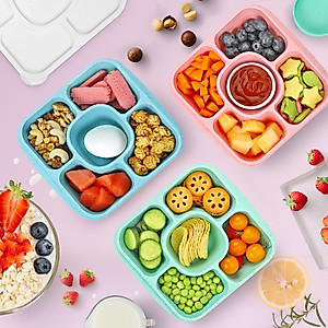 FANCILLA Bento Snack Containers for Kids Adults, 3 Pack Reusable Lunchable Bento Snack Boxes with 5 Compartments & 1 Leakproof Sauce Containers, Wheat Straw, BPA-Free, Stackable (Classic Vintage)