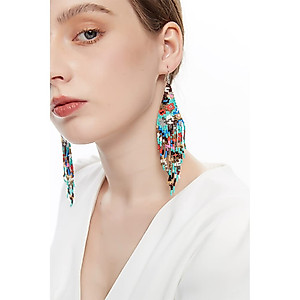 Luluping Long Beaded Dangle Earrings – Boho Native Handmade Seed Bead Tassel Earrings for Women, Bohemian Large Statement Beaded Drop Fringe Earrings (Colorful Beaded Earrings D)