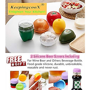 KeepingcooX Onion, Tomato, and Avocado Keepers + Avocado Slicer/Cutter Set, Vegetable Shaped Food Savers, 2 Silicone Reusable Beer Saver Caps as Gift