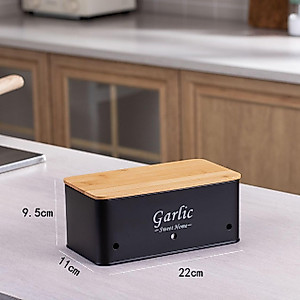 Simcat Kitchen Vegetable Storage Tins Set of 3, Potato Onion Garlic Kitchen Storage Canisters, Vegetable bin Keeper Containers with Aerating Holes and Wooden Lid (Black)