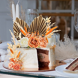 28 Pcs Boho Cake Topper Decorations Vintage Artificial Rose Flowers Leaves for Cake Decorating Kit Dried Faux Flower Decor for Bohemian Wedding Bridal Baby Shower Birthday Party Supplies (Orange)