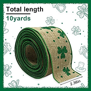 Saint Patrick's Day Fabric Ribbons, Brown Green Clovers Edge Wired Burlap Ribbon for St Patrick Day Irish Hanging Wrapping Party Gift Decoration Outdoor Crafts Supplies (2.5 Inch * 10 Yards * 1 Roll)