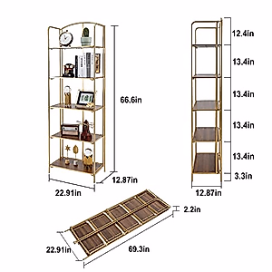 Crofy No Assembly Folding Bookshelf, 5 Tier Gold Bookshelf, Metal Book Shelf for Storage, Folding Bookcase for Office Organization and Storage, 12.87 D x 22.91 W x 68.1 H Inches