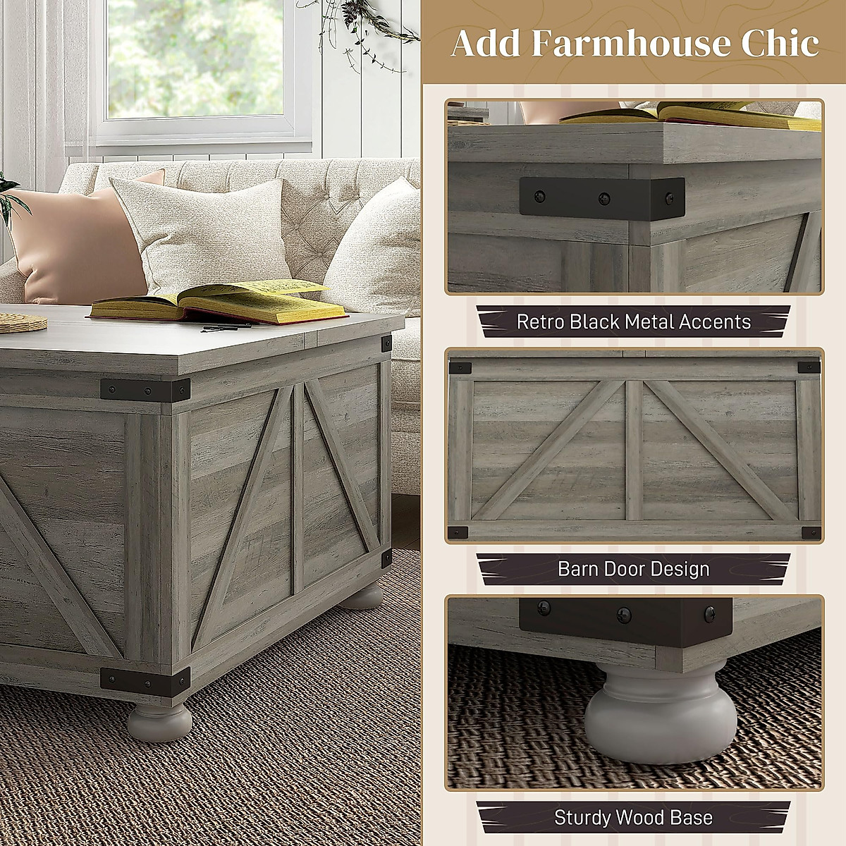 HOMCOM Farmhouse Coffee Table, Square Coffee Table with Storage for Living Room, Center Table with Hinged Flip Lift Top and Hidden Space, Oak