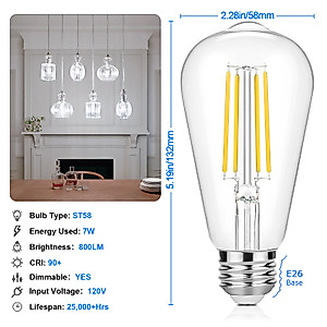 Vintage LED Edison Bulbs 60 Watt Equivalent Dimmable 7W ST58 LED Filament Light Bulbs Neutral White 4000K Antique Style Lighting High Brightness 800LM E26 Medium Base Clear Glass Home Office, 12 Pack