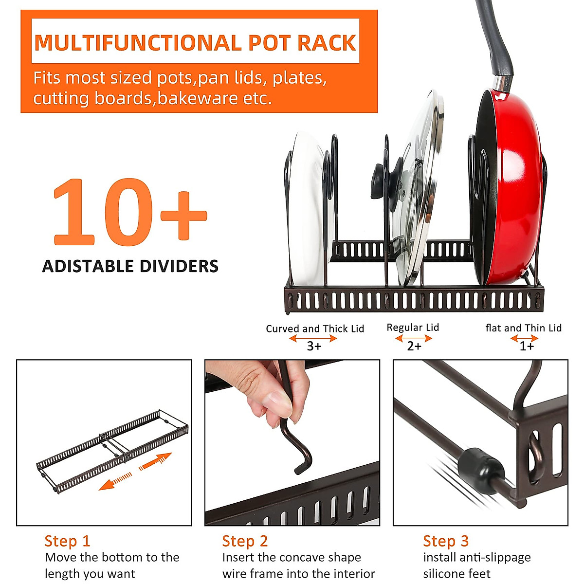 ROOHUA Pot Rack Organizer -Expandable Pot and Pan Organizer for Cabinet,Pot Lid Organizer Holder with 10 Adjustable Compartment for Kitchen Cabinet Cookware Baking Frying Rack,Bronze