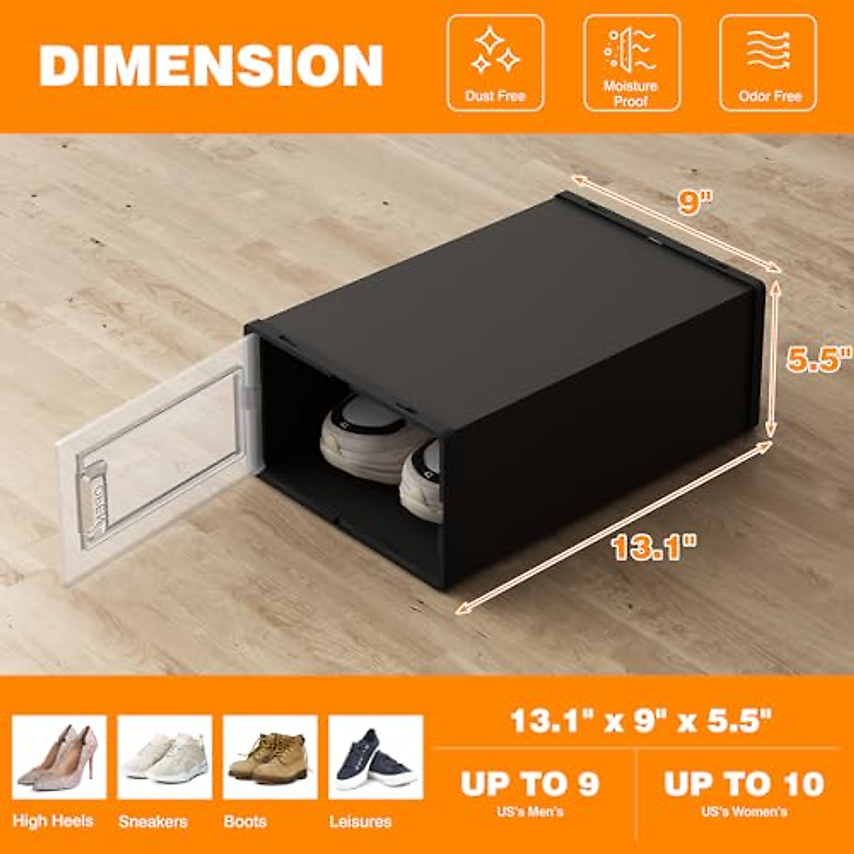 Fixwal Clear Shoe Storage Boxes Stackable, 12 Pack Large Shoe Storage Box with Front Opening Lids, Shoe Container Boxes for Closet Bedroom Bathroom, 13.1 x 9 x 5.5 Inches, Black